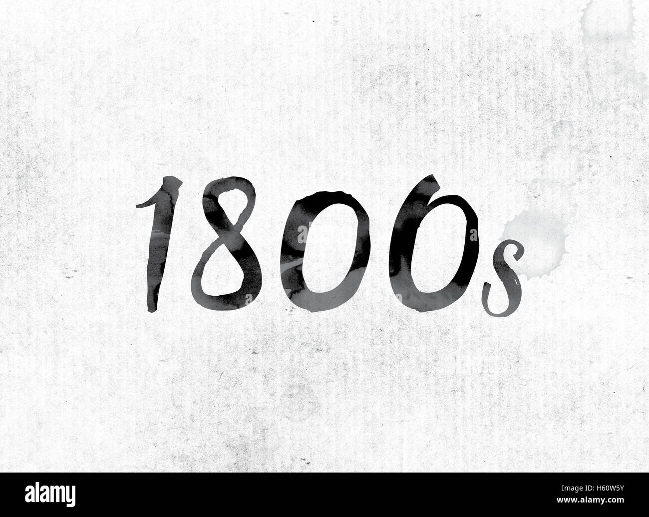 The word "1800s" concept and theme painted in watercolor ink on a white ...