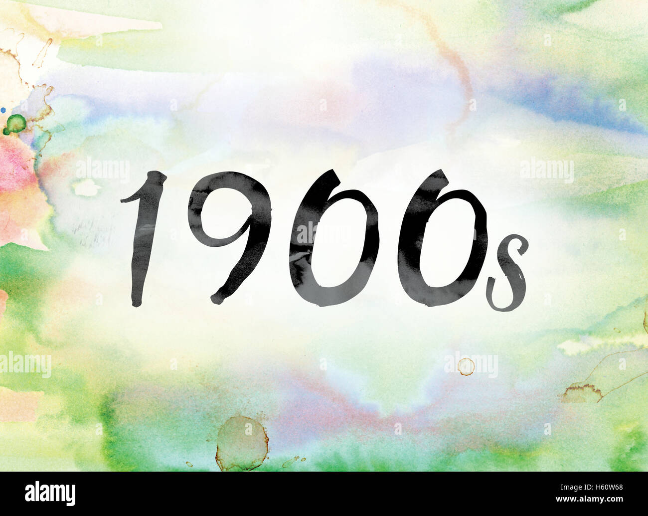 The word "1900s" painted in black ink over a colorful watercolor washed ...