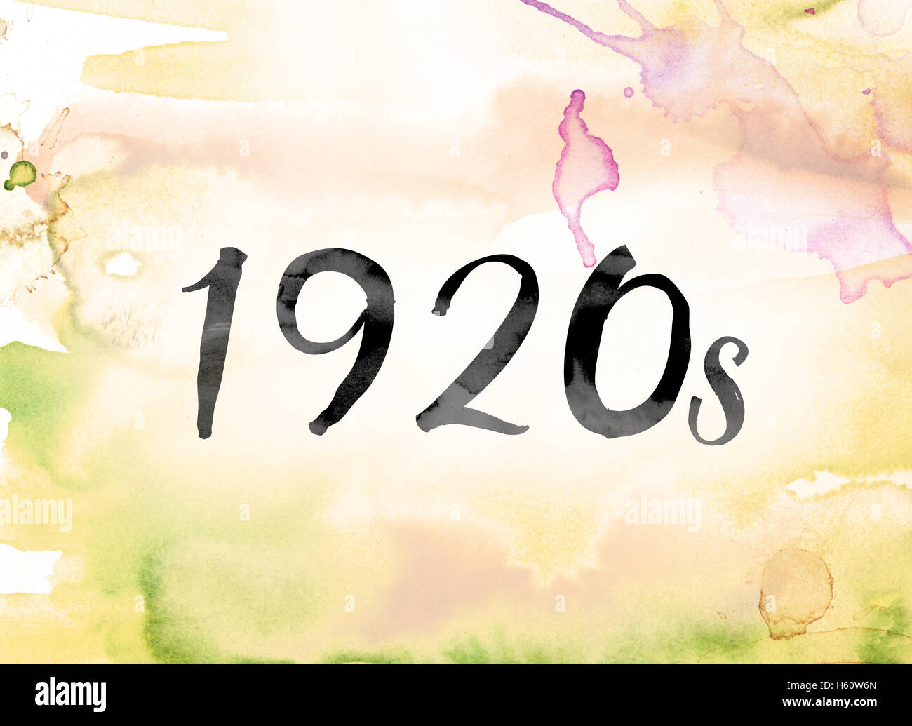 The word "1920s" painted in black ink over a colorful watercolor washed ...