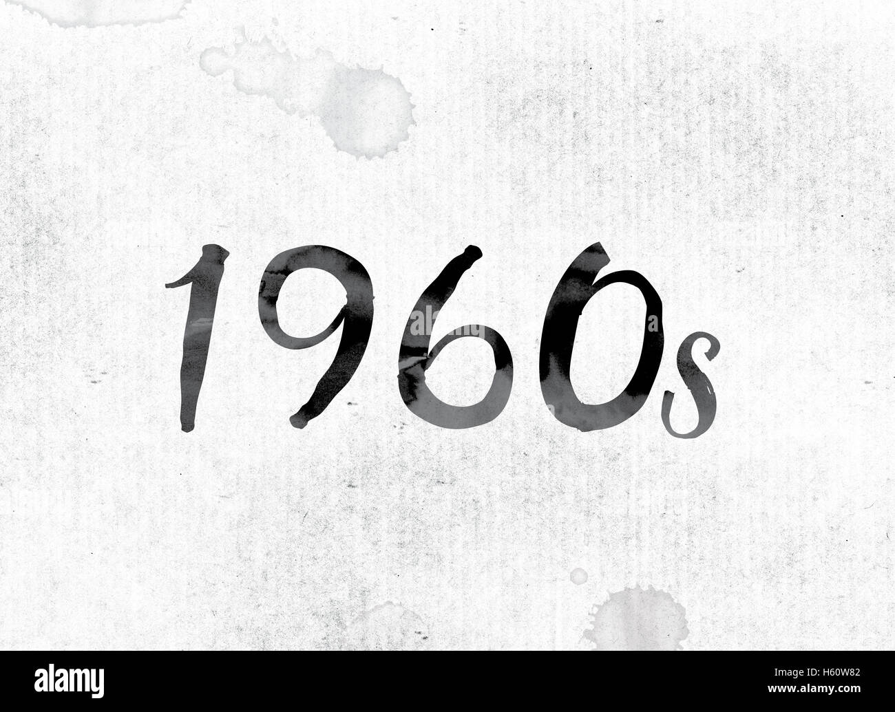 The word "1960s" concept and theme painted in watercolor ink on a white ...