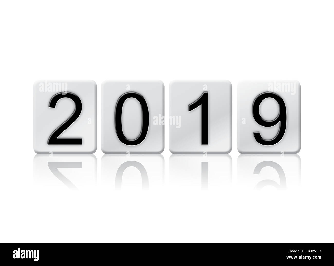 The word "2019" written in tile letters isolated on a white background ...