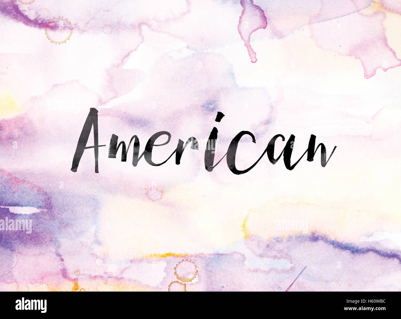 The word "American" painted in black ink over a colorful watercolor ...