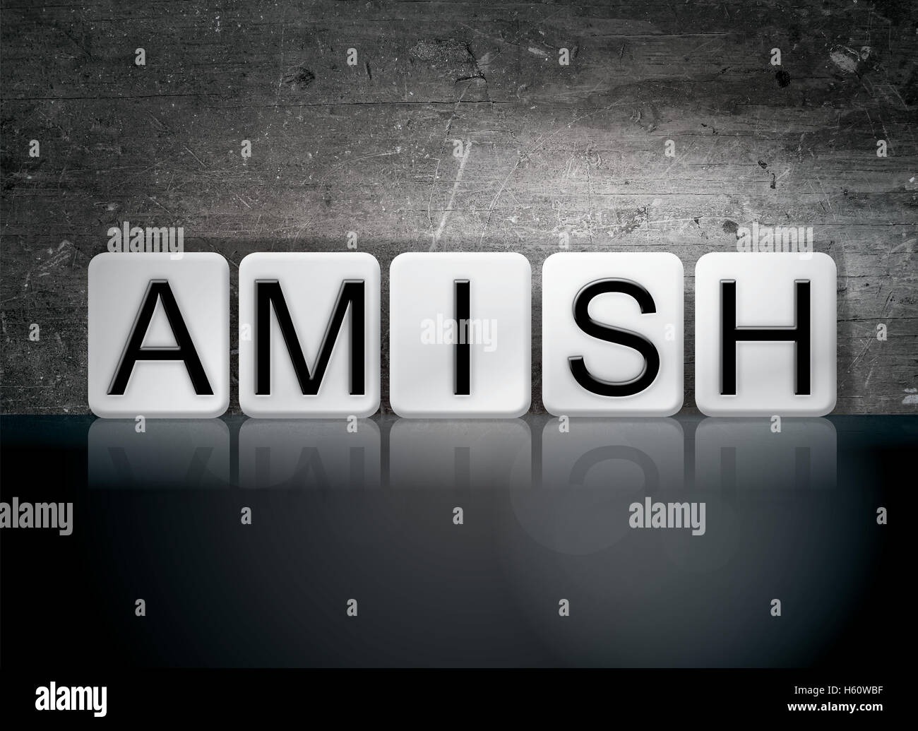 The word "Amish" written in white tiles against a dark vintage grunge ...