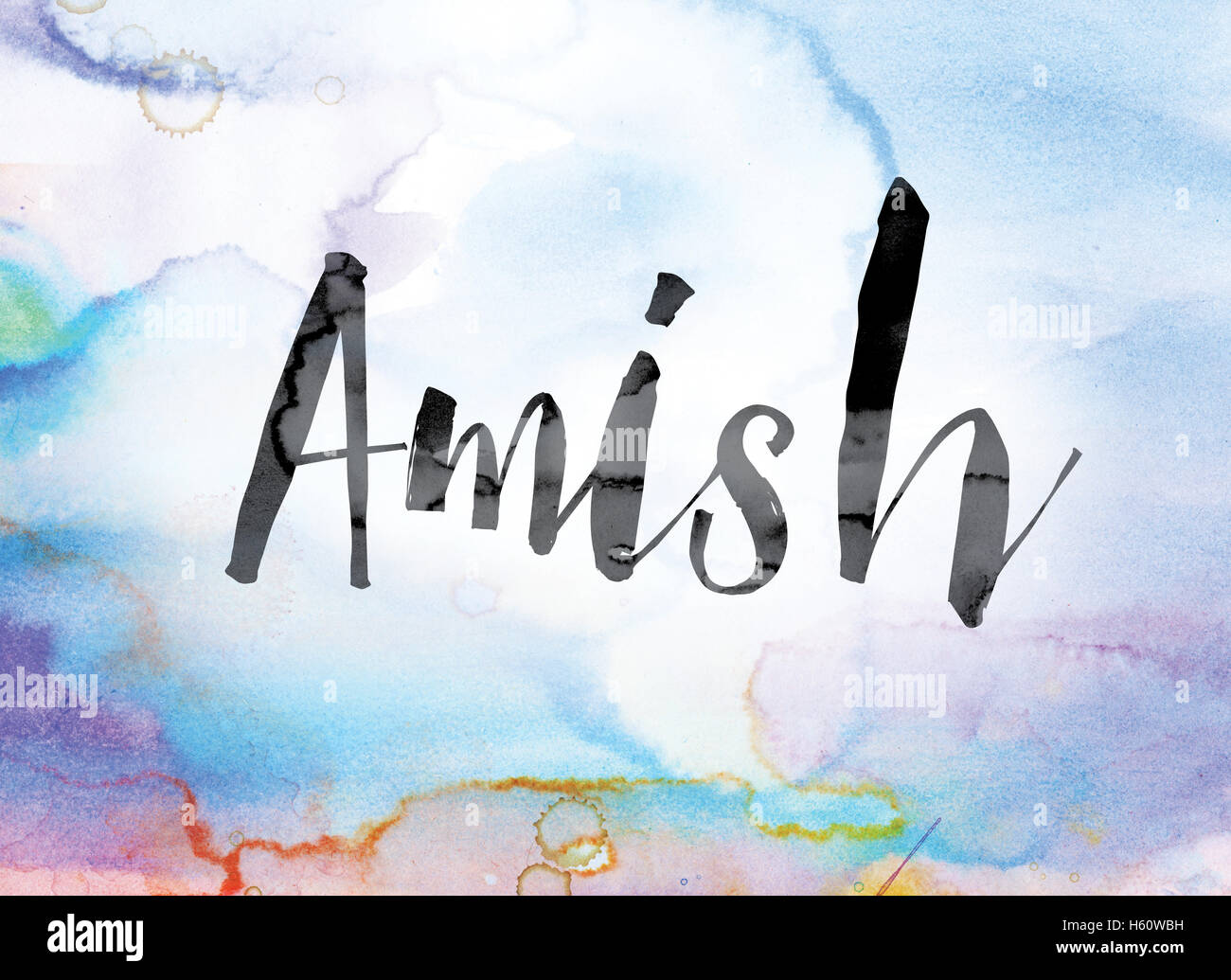 The word "Amish" painted in black ink over a colorful watercolor washed ...