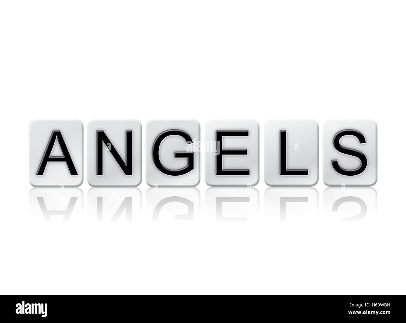 The word "Angels" written in tile letters isolated on a white ...
