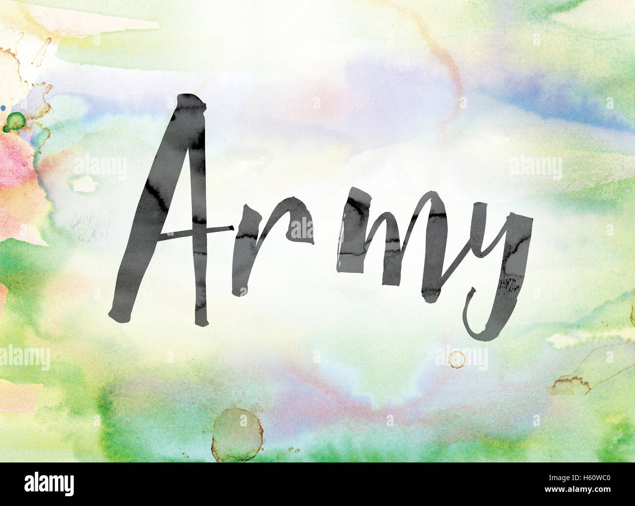 The word "Army" painted in black ink over a colorful watercolor washed ...