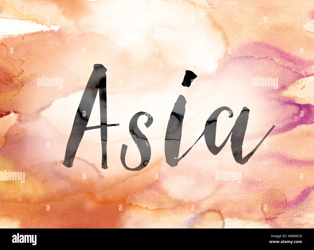 The word "Asia" painted in black ink over a colorful watercolor washed ...