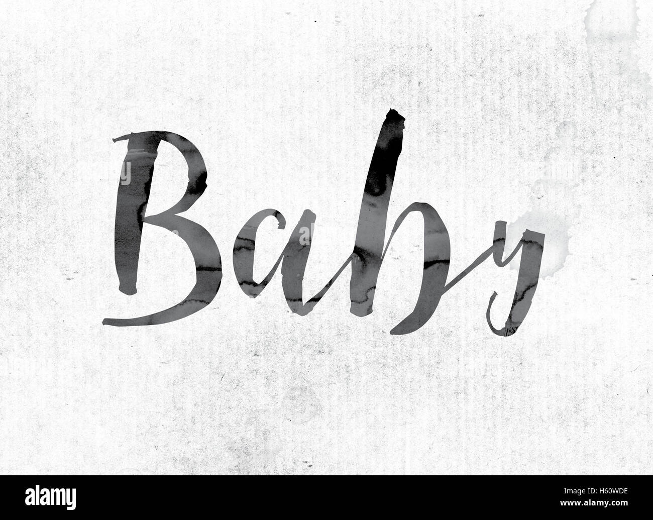 The word "Baby" concept and theme painted in watercolor ink on a white ...