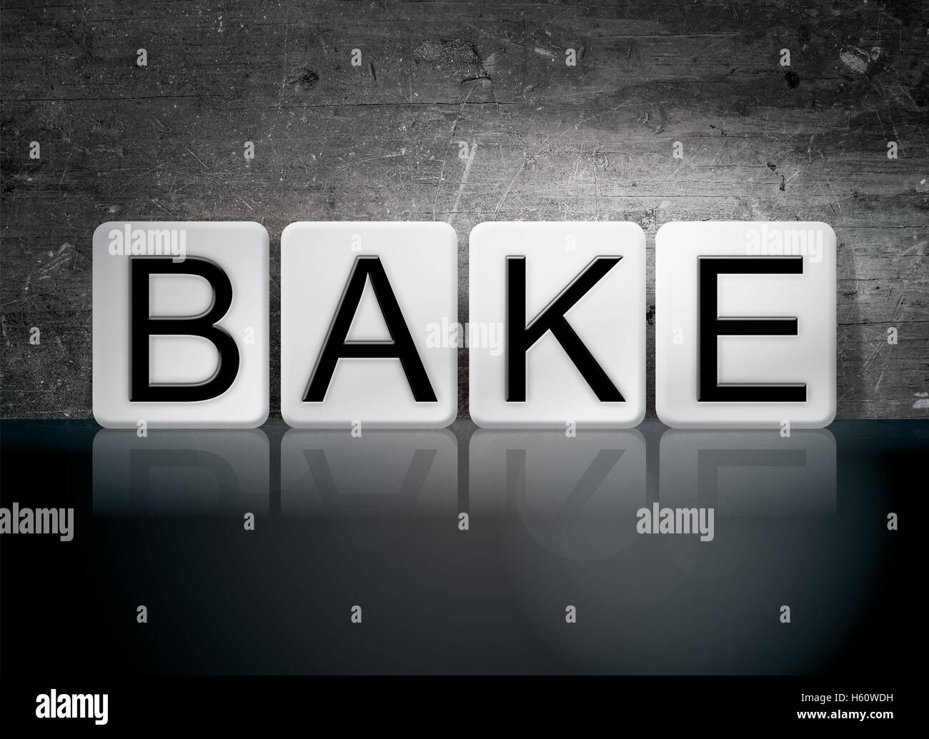 The word "Bake" written in white tiles against a dark vintage grunge ...