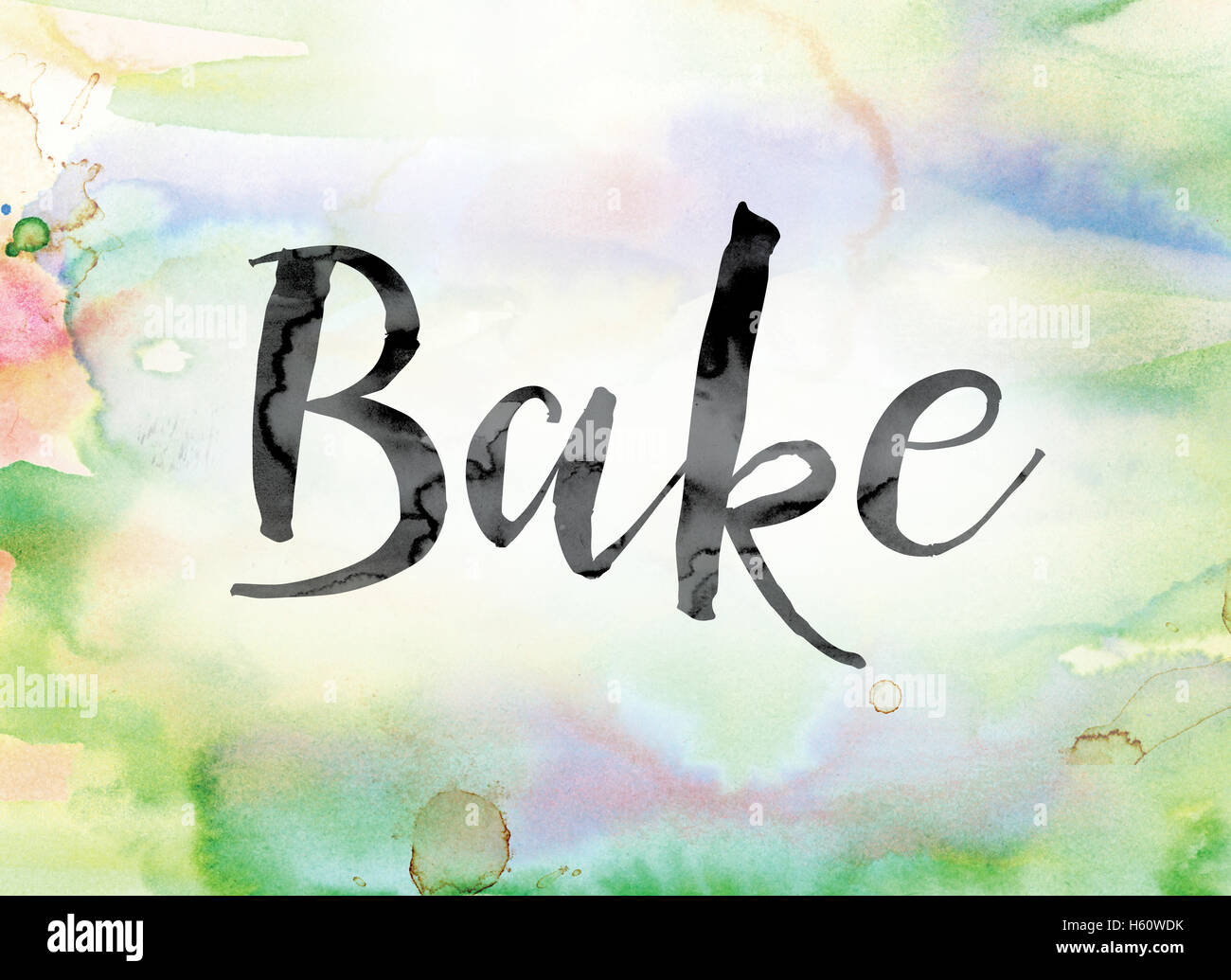 The word "Bake" painted in black ink over a colorful watercolor washed ...