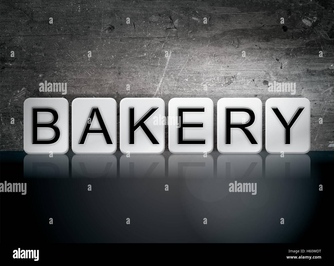 The word "Bakery" written in white tiles against a dark vintage grunge ...