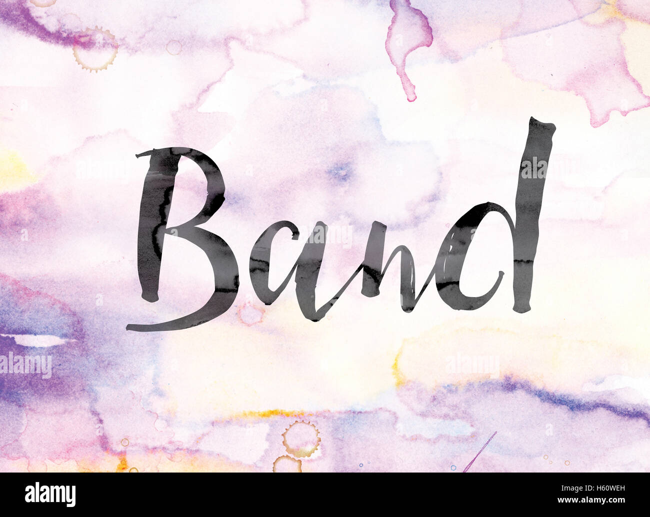 The word "Band" painted in black ink over a colorful watercolor washed ...