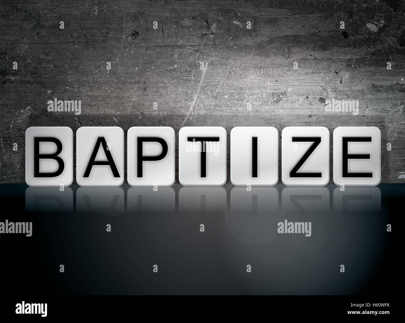 The word "Baptize" written in white tiles against a dark vintage grunge ...