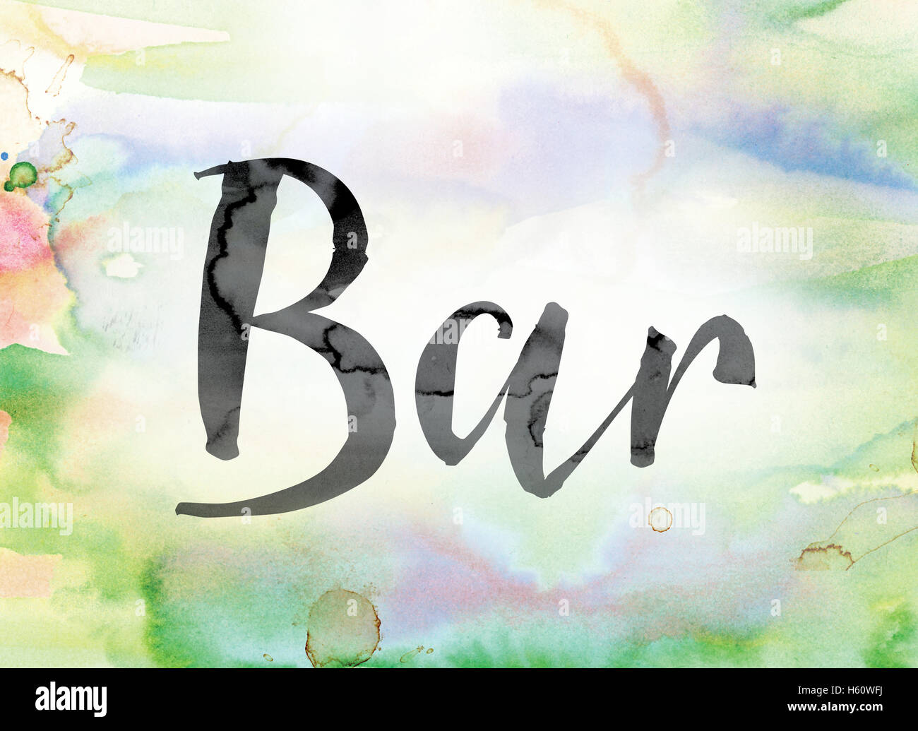 The word "Bar" painted in black ink over a colorful watercolor washed ...