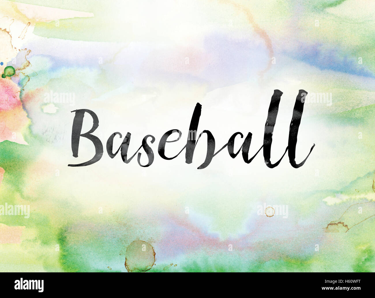 The word "Baseball" painted in black ink over a colorful watercolor ...