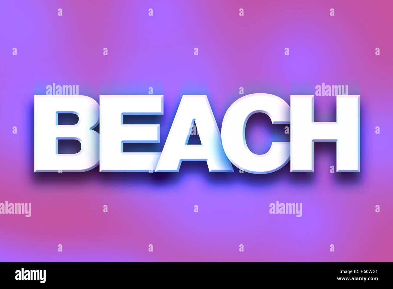 The word "Beach" written in white 3D letters on a colorful background ...