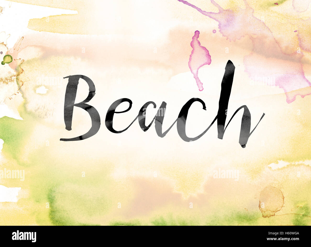 The word "Beach" painted in black ink over a colorful watercolor washed ...