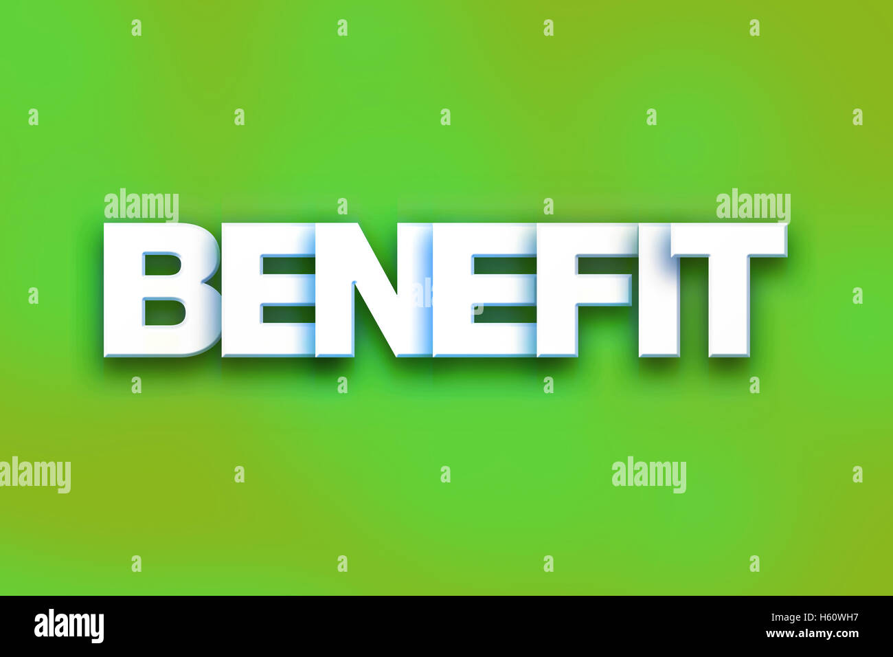 The word "Benefit" written in white 3D letters on a colorful background ...