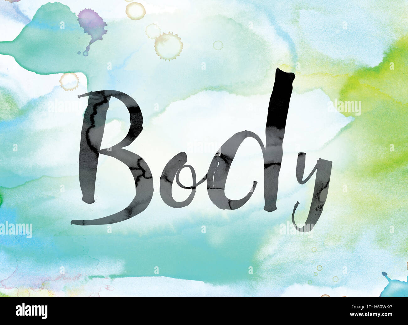 The word "Body" painted in black ink over a colorful watercolor washed ...