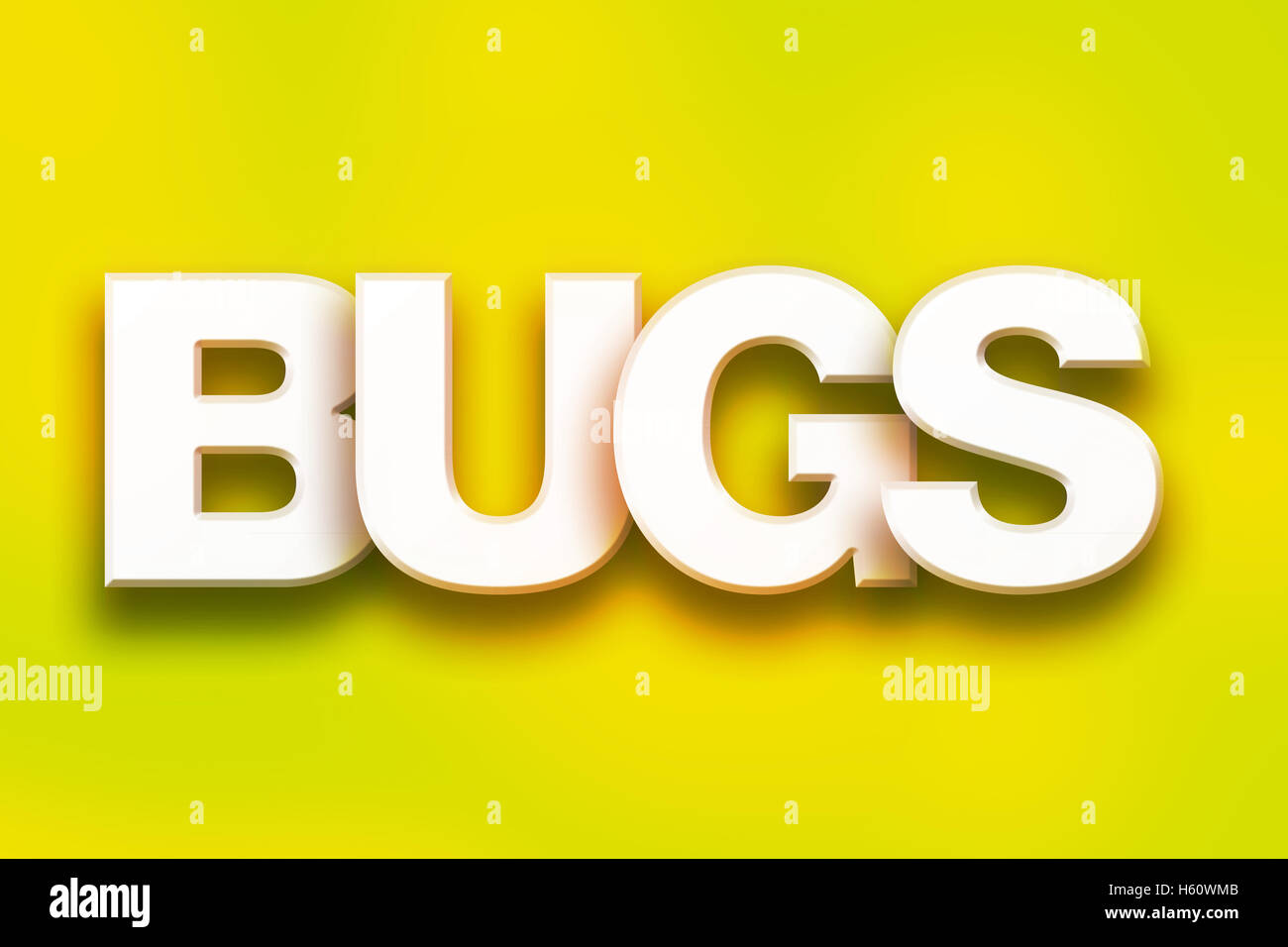 The word "Bugs" written in white 3D letters on a colorful background ...