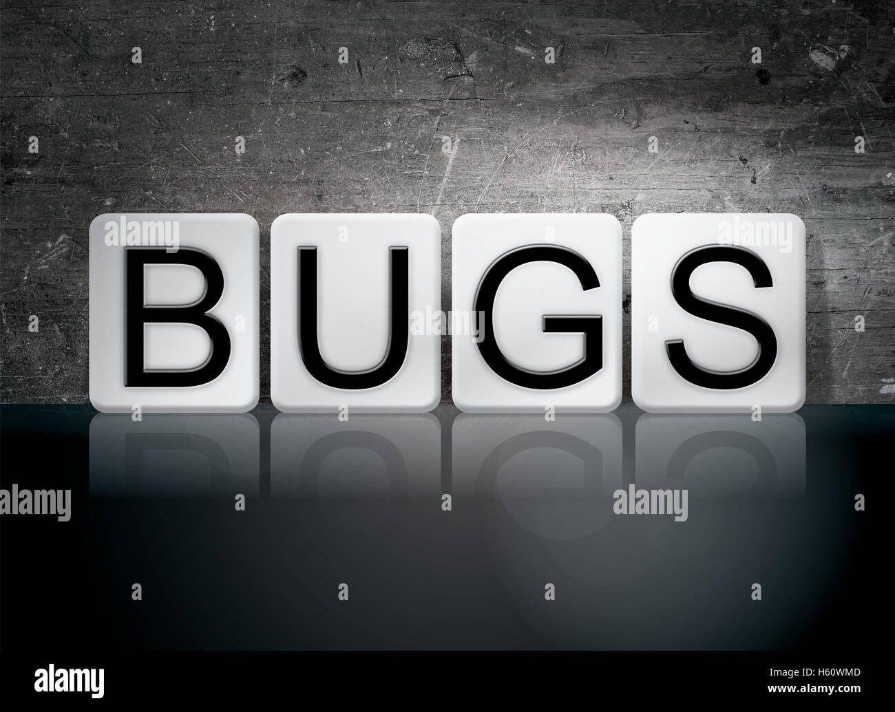 The word "Bugs" written in white tiles against a dark vintage grunge ...