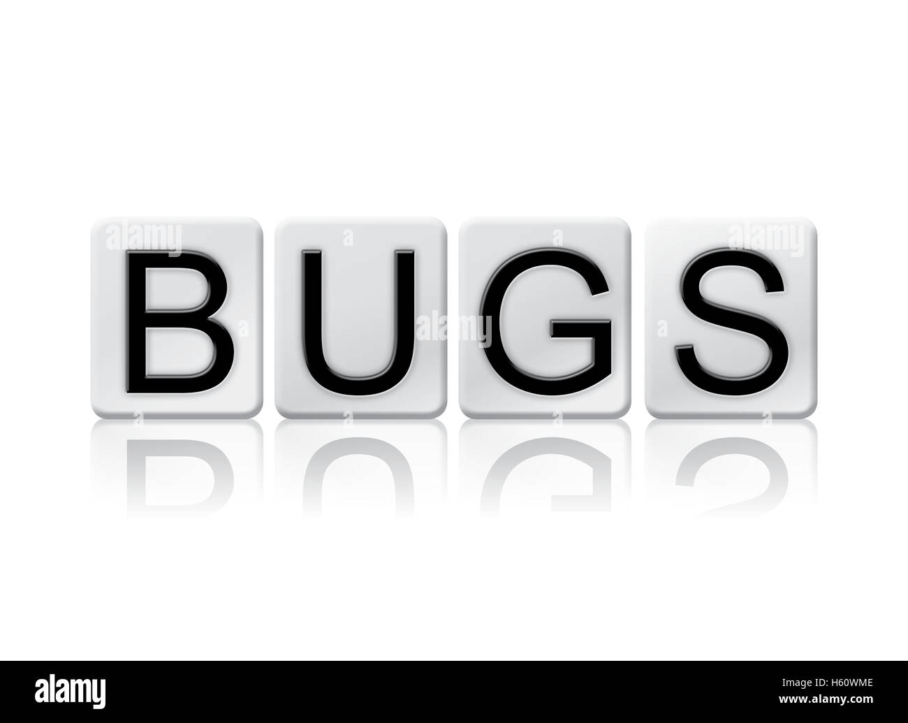 The word "Bugs" written in tile letters isolated on a white background ...
