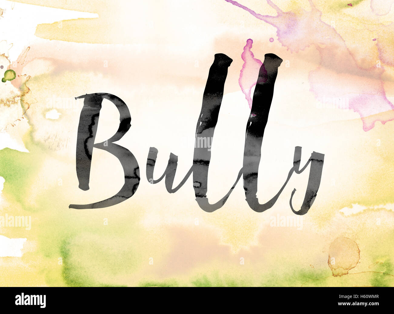 The word "Bully" painted in black ink over a colorful watercolor washed ...
