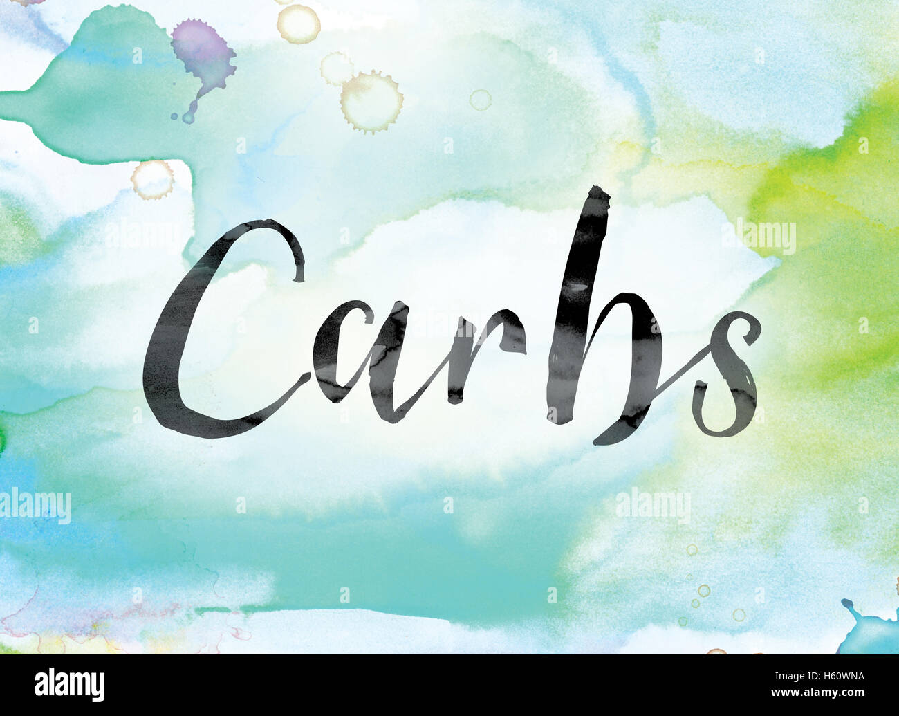 The word "Carbs" painted in black ink over a colorful watercolor washed ...