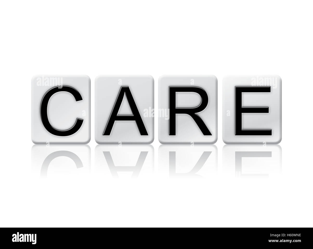 The word "Care" written in tile letters isolated on a white background ...