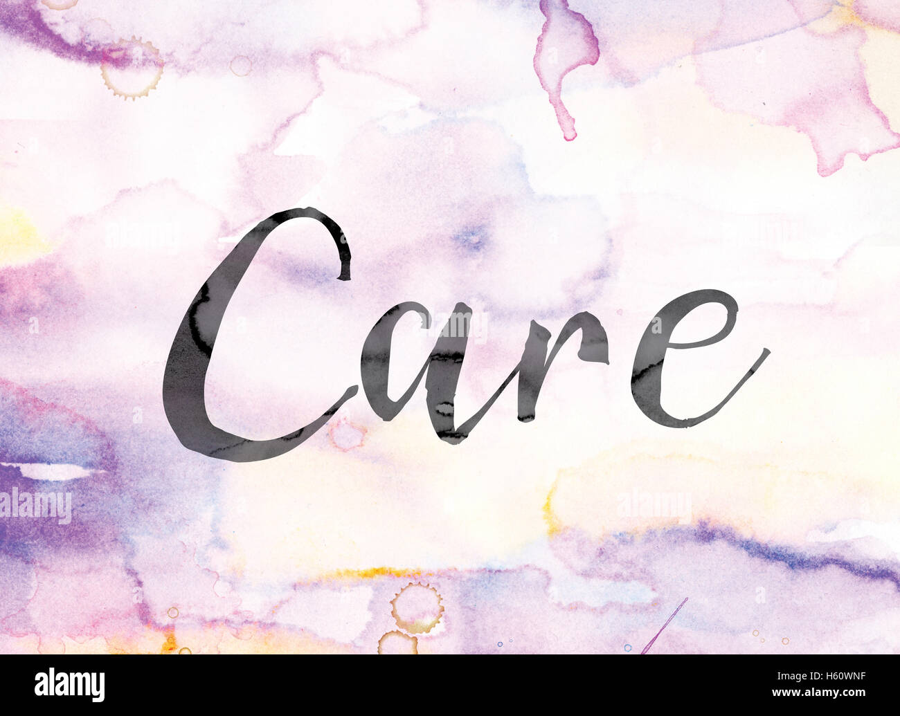 The word "Care" painted in black ink over a colorful watercolor washed ...