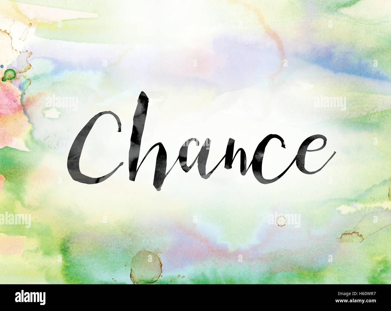 The word "Chance" painted in black ink over a colorful watercolor ...