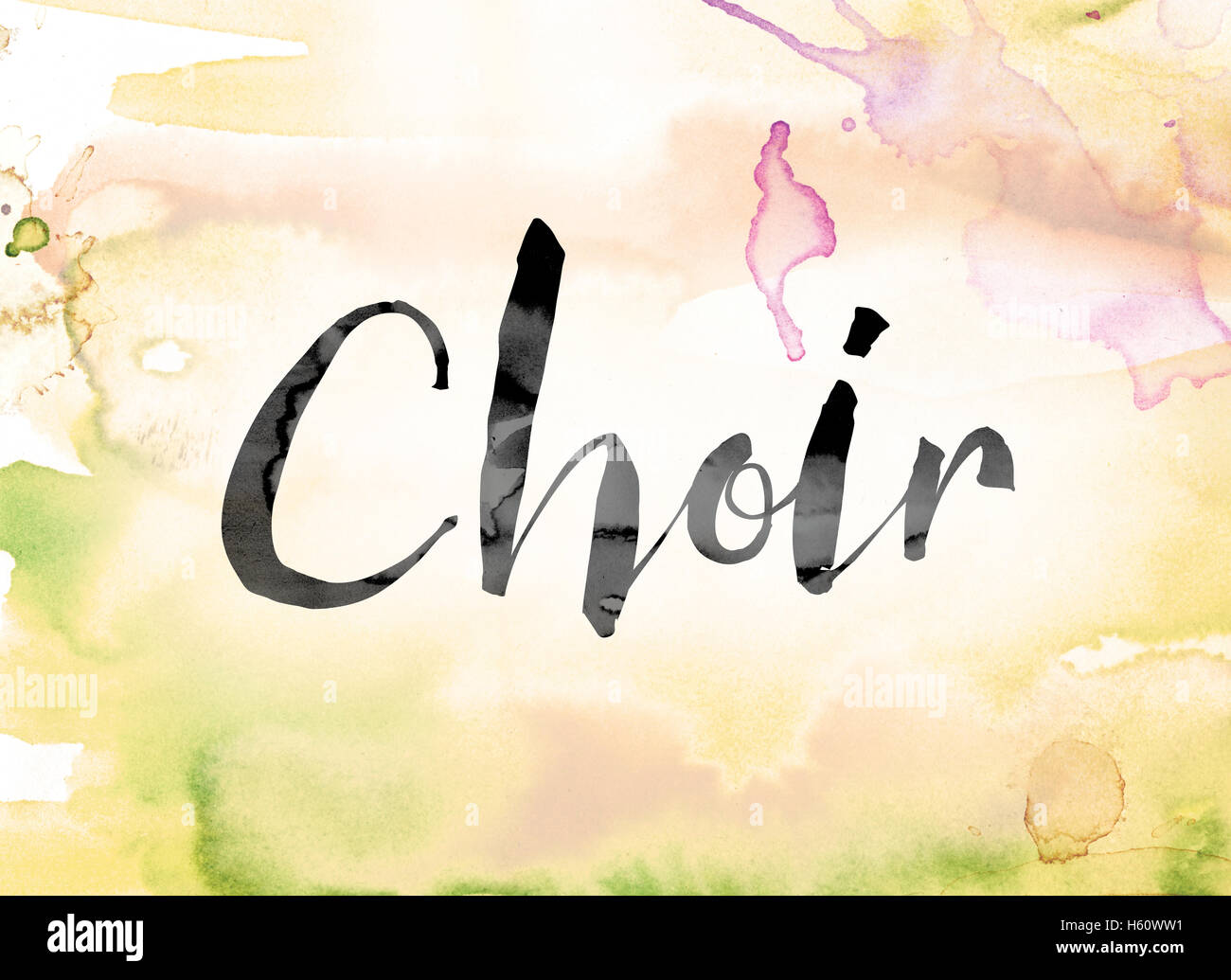 The word "Choir" painted in black ink over a colorful watercolor washed ...