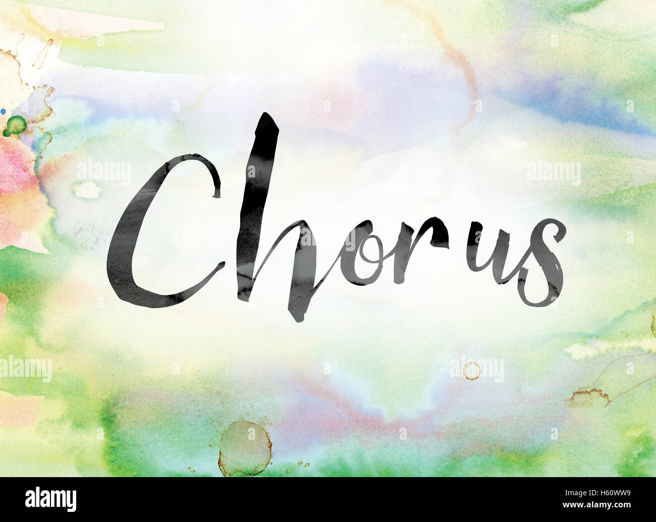 The word "Chorus" painted in black ink over a colorful watercolor ...