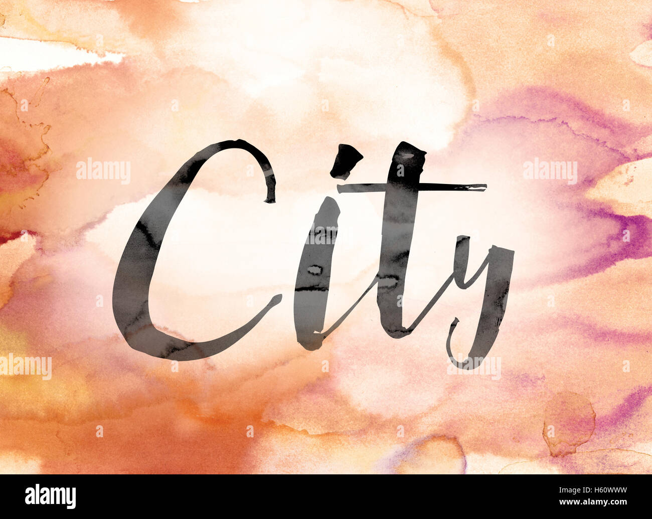 The word "City" painted in black ink over a colorful watercolor washed ...