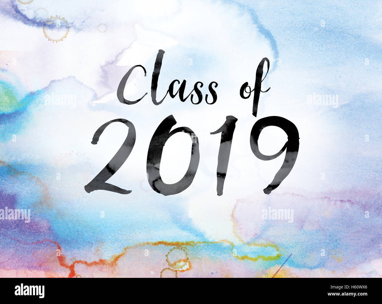 The word "Class of 2019" painted in black ink over a colorful ...