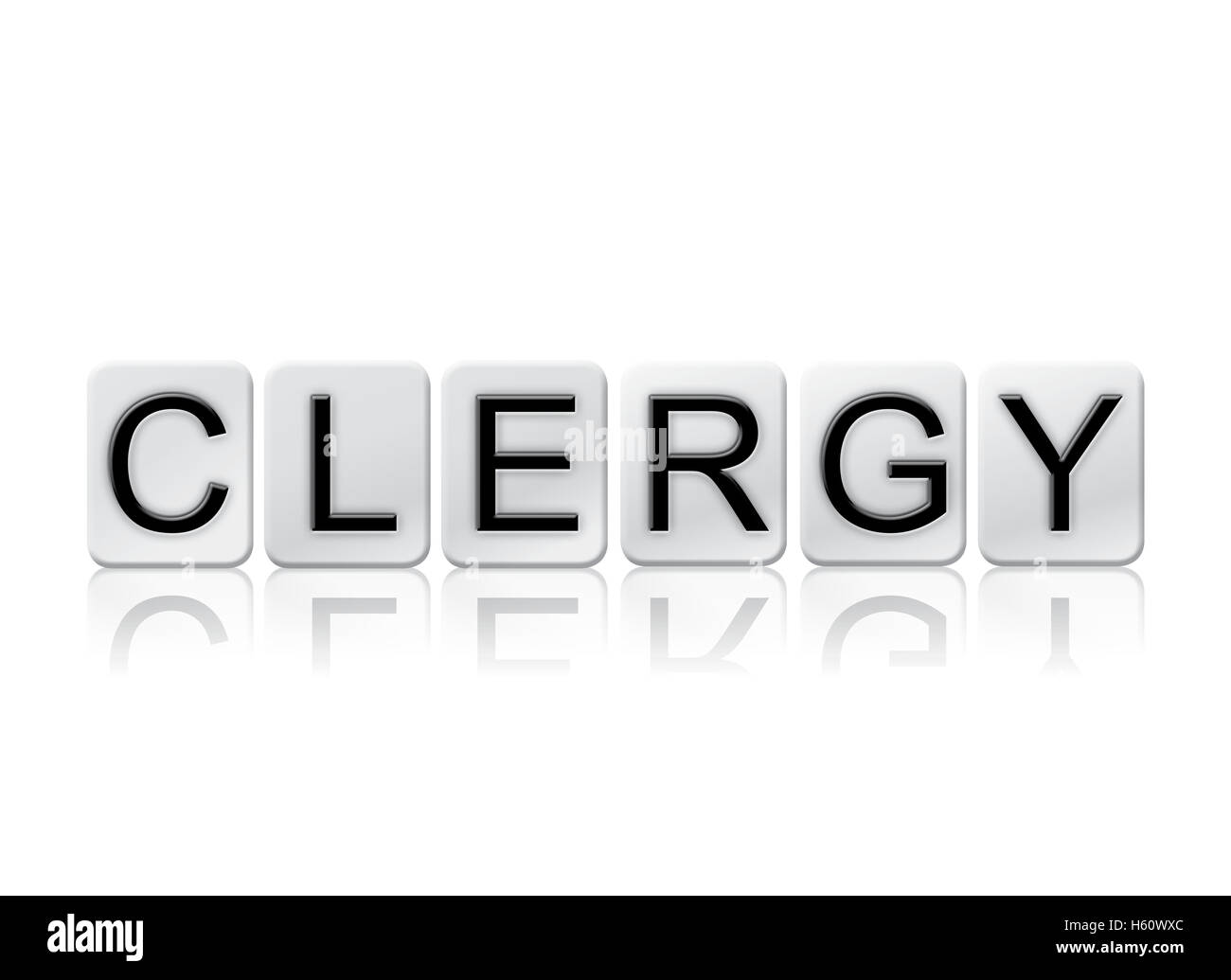 The word "Clergy" written in tile letters isolated on a white ...