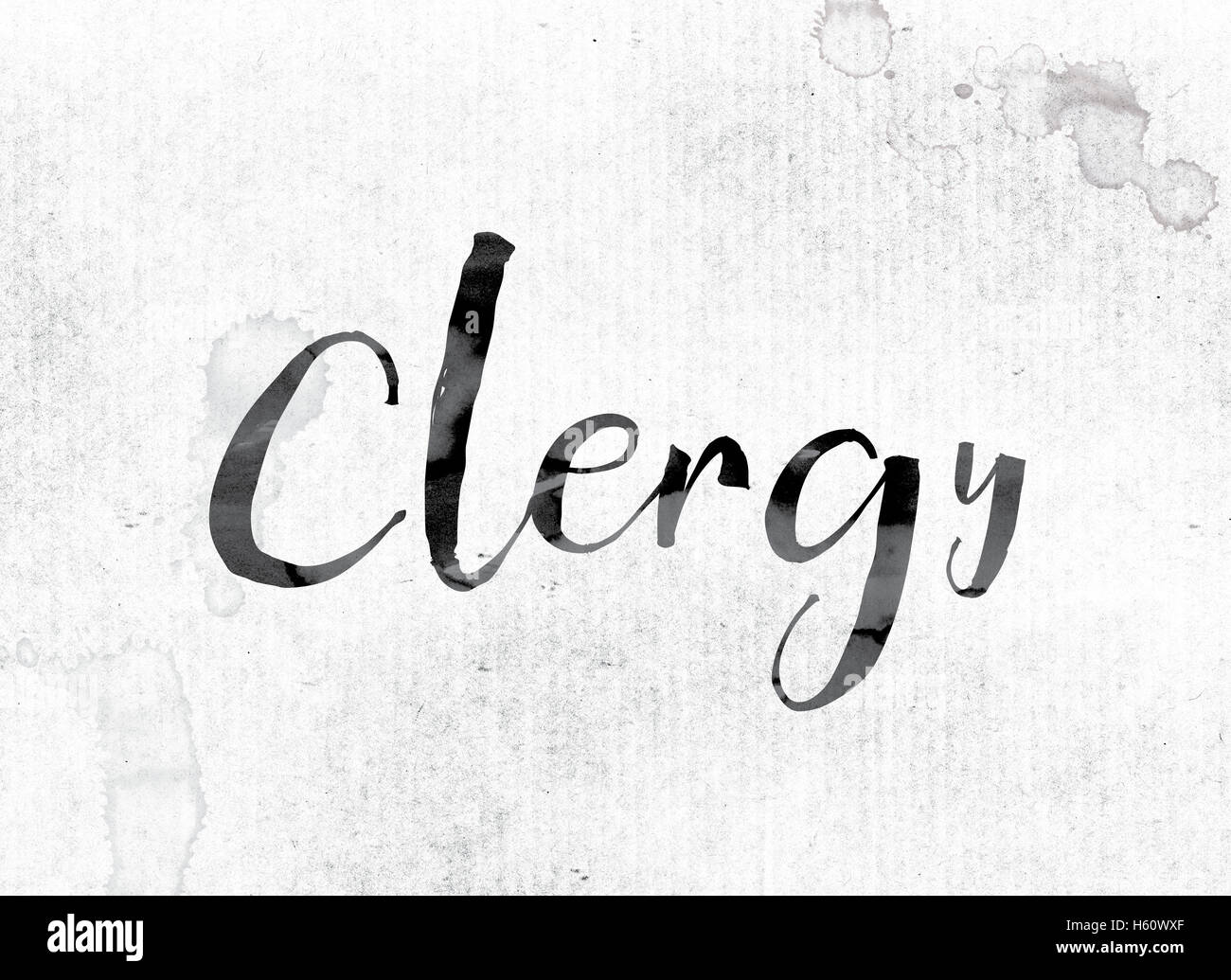 The word "Clergy" concept and theme painted in watercolor ink on a ...