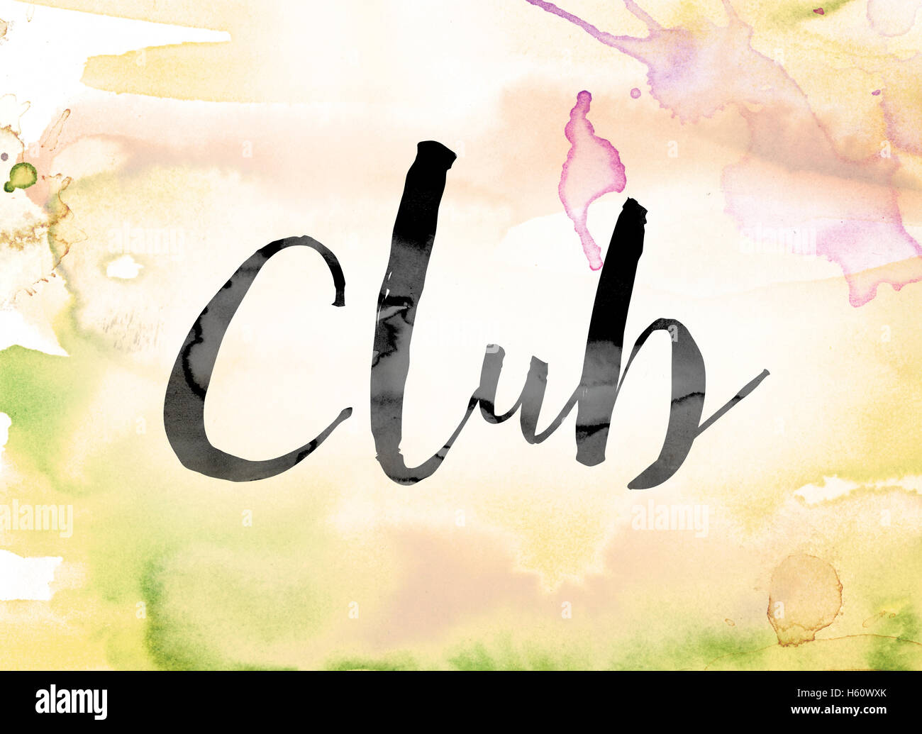 The word "Club" painted in black ink over a colorful watercolor washed ...