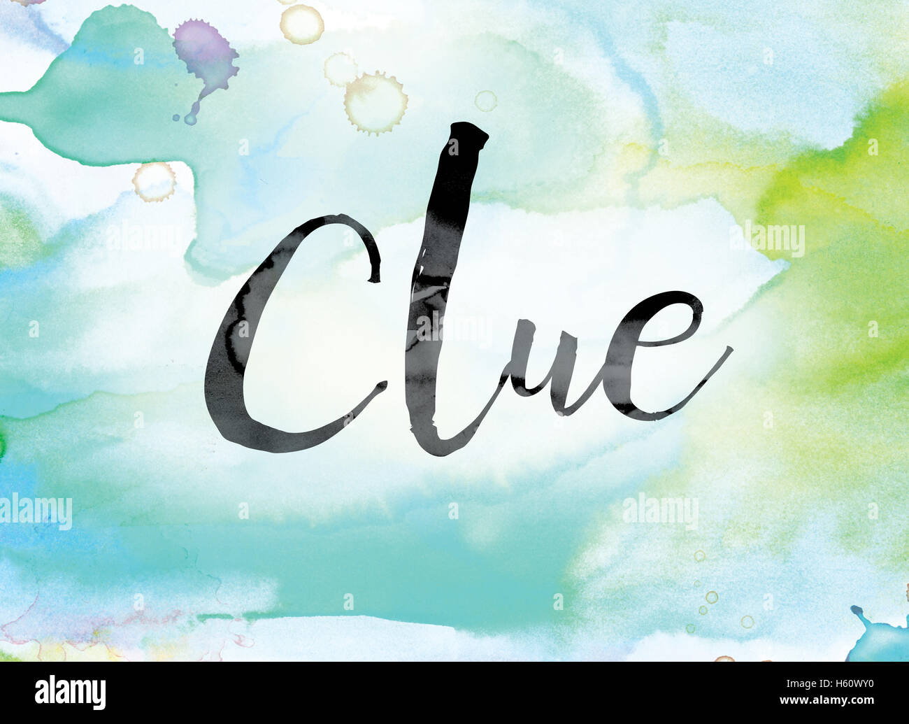 The word "Clue" painted in black ink over a colorful watercolor washed ...