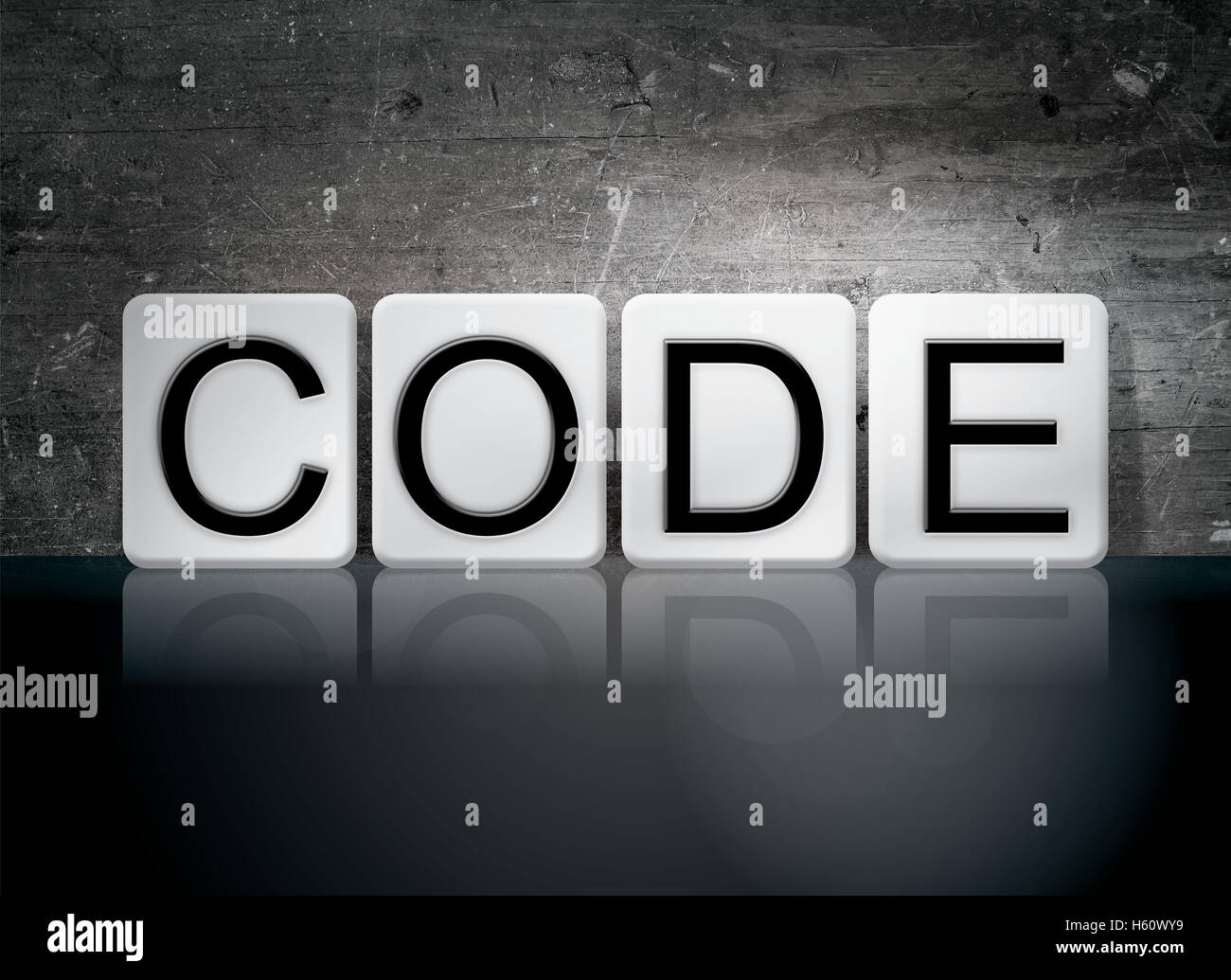 The word "Code" written in white tiles against a dark vintage grunge ...