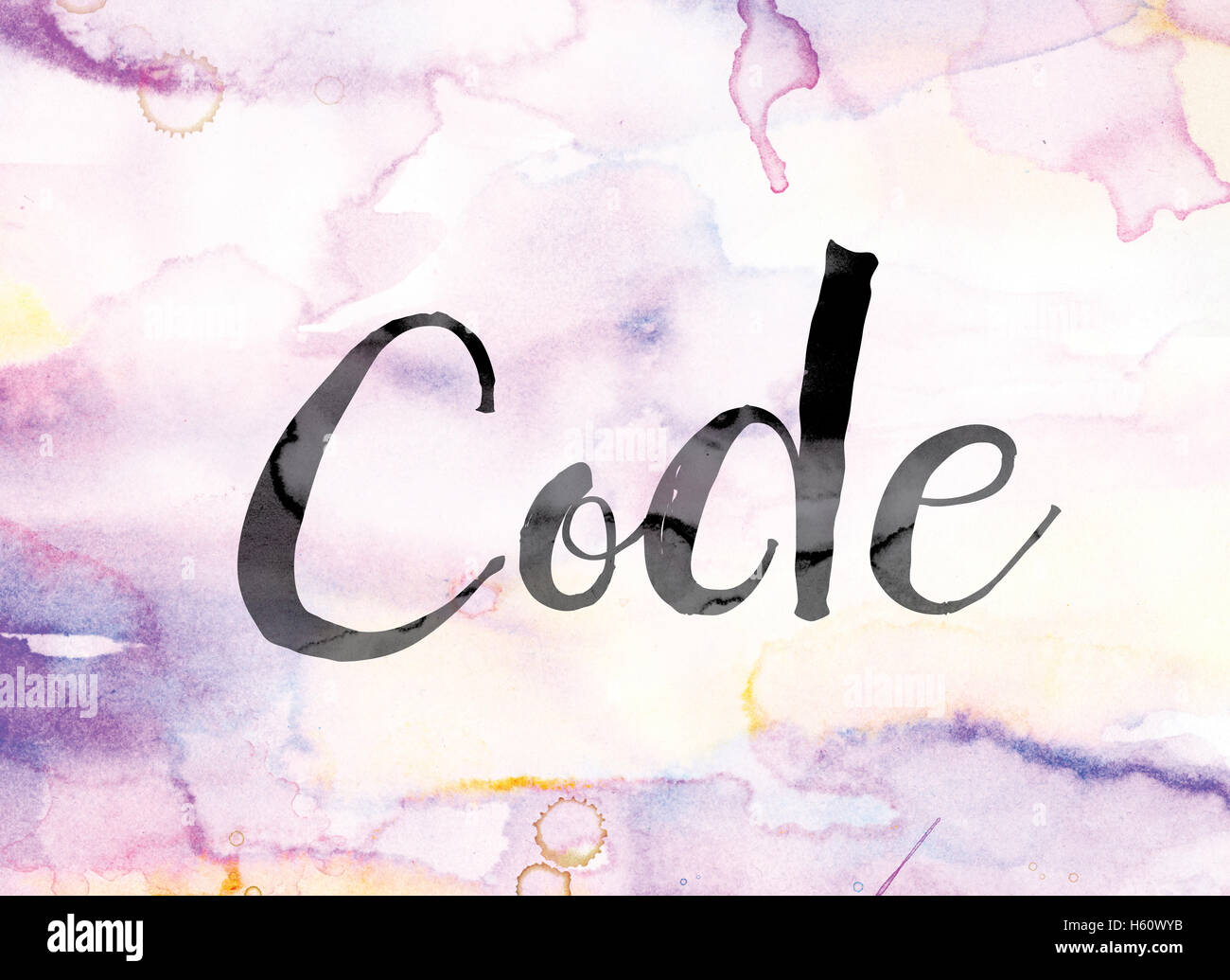 The word "Code" painted in black ink over a colorful watercolor washed ...