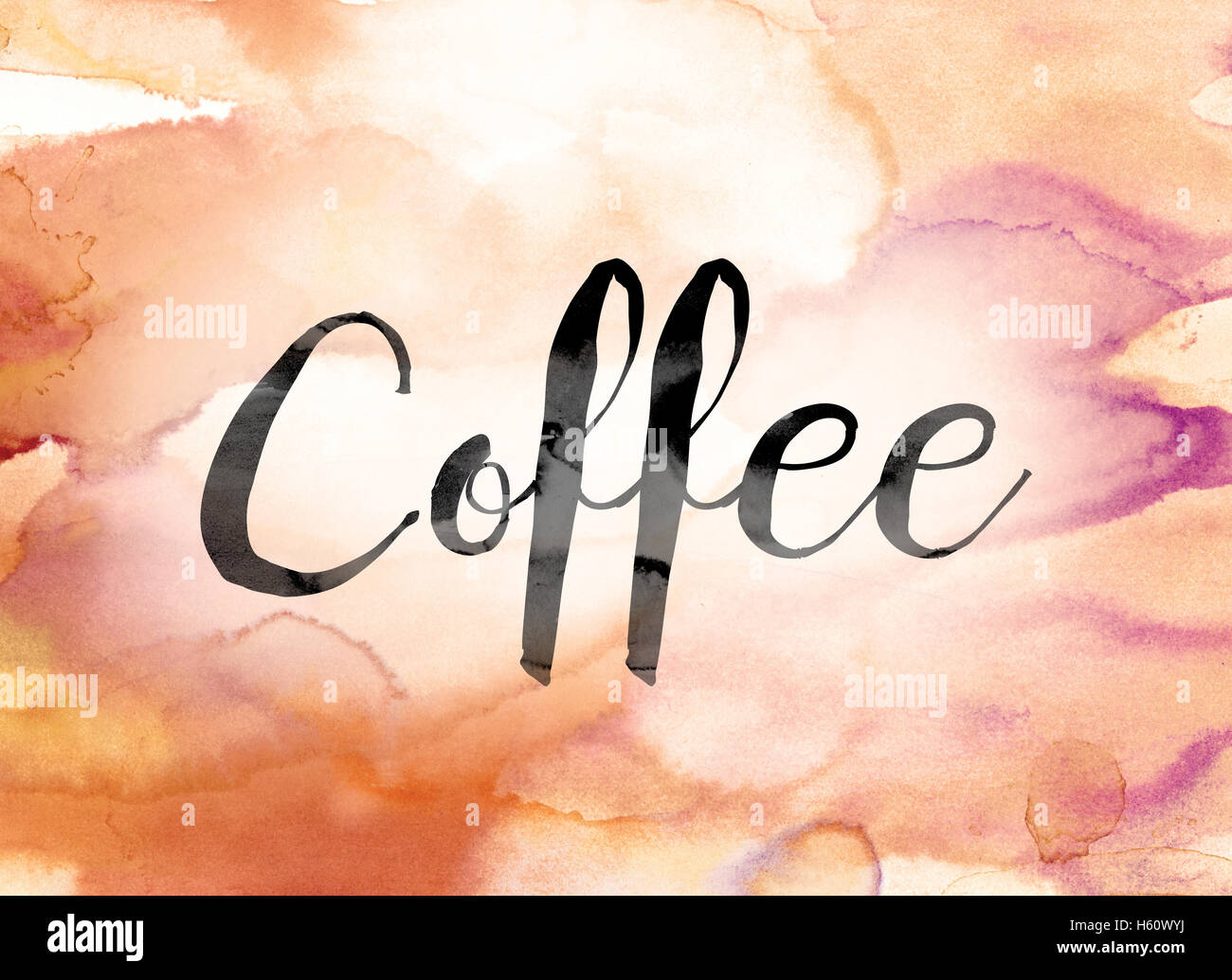The word "Coffee" painted in black ink over a colorful watercolor ...
