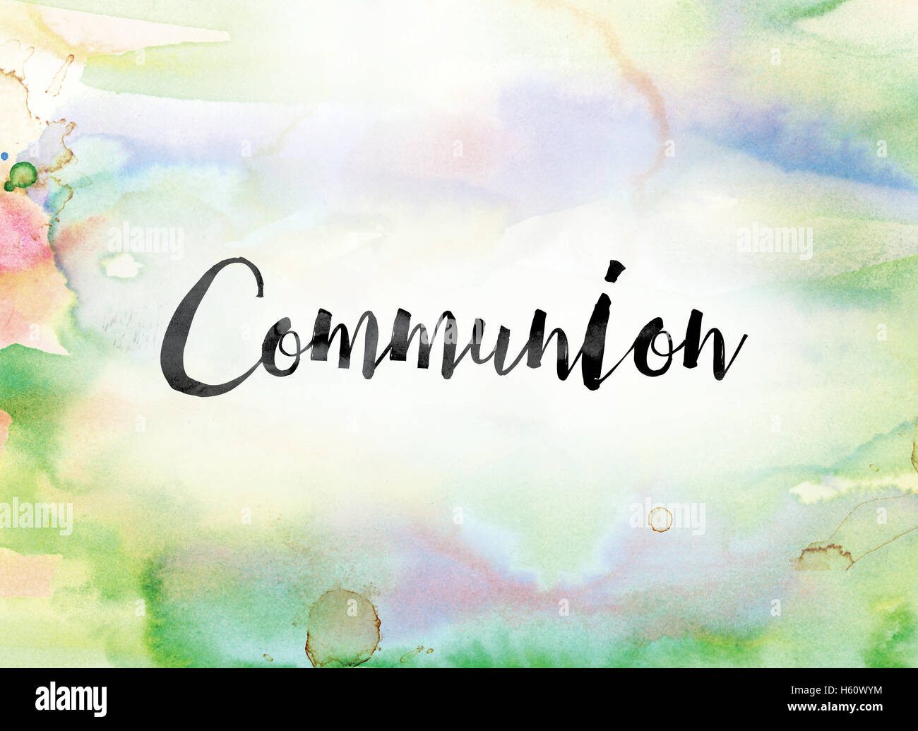 The word "Communion" painted in black ink over a colorful watercolor ...