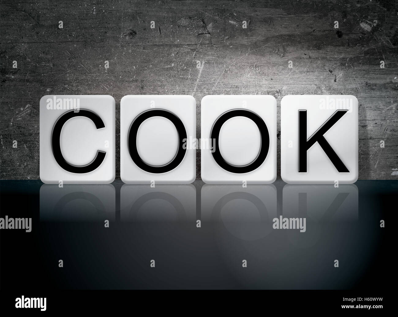 The word "Cook" written in white tiles against a dark vintage grunge ...