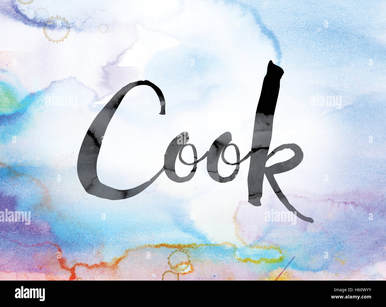 The word "Cook" painted in black ink over a colorful watercolor washed ...