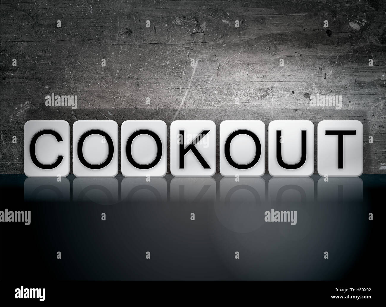 The word "Cookout" written in white tiles against a dark vintage grunge ...