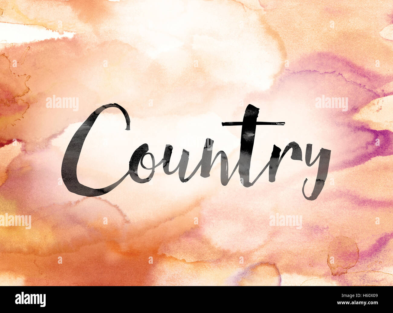 The word "Country" painted in black ink over a colorful watercolor ...