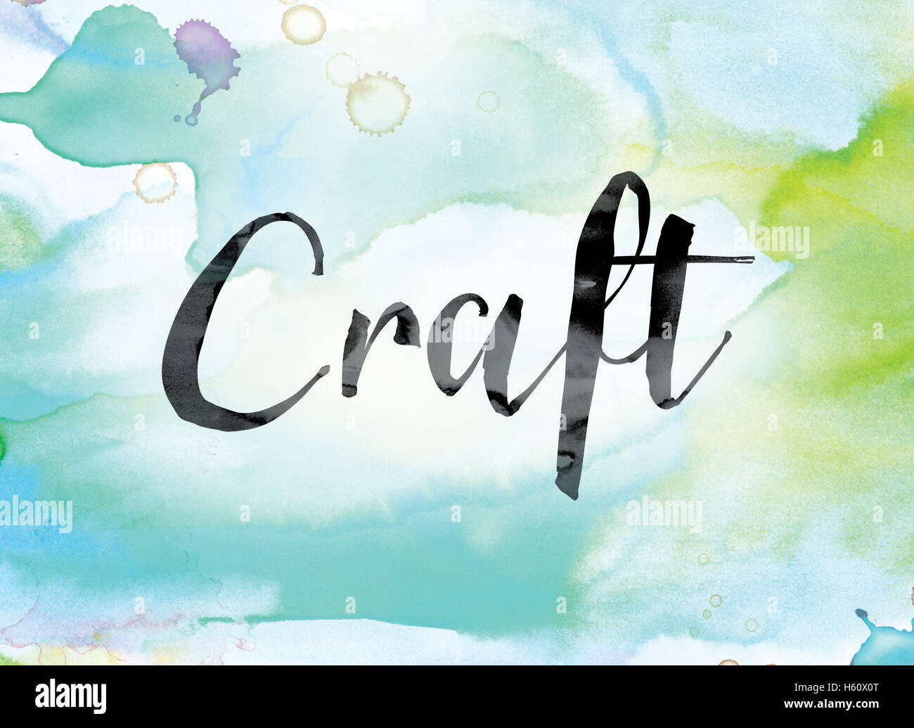 The word "Craft" painted in black ink over a colorful watercolor washed ...
