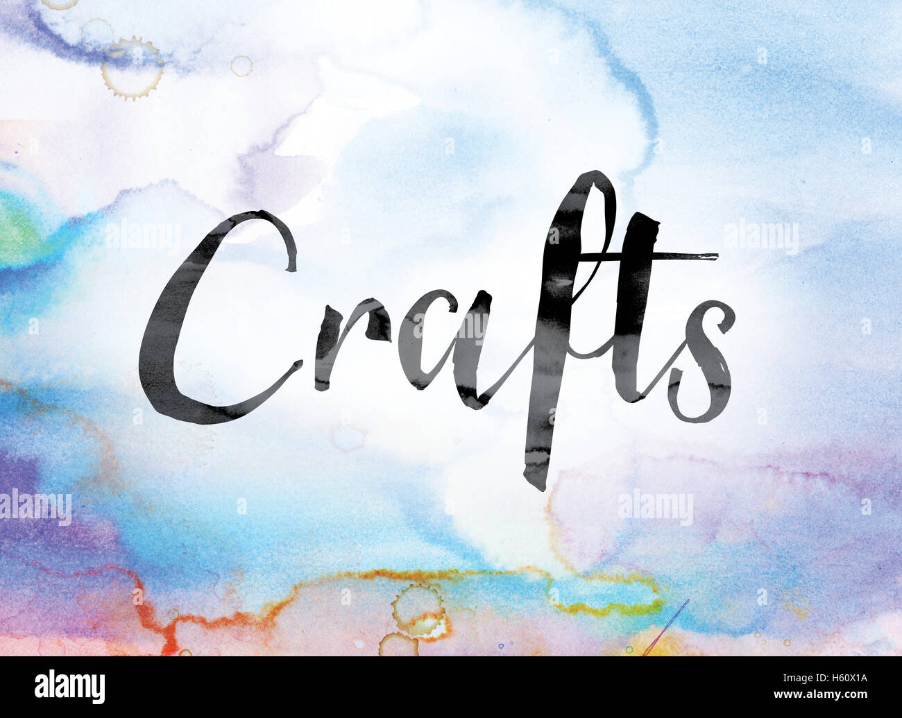 The word "Crafts" painted in black ink over a colorful watercolor ...