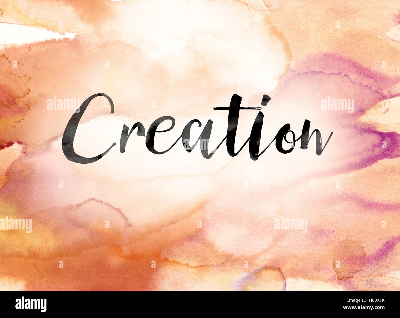 The word "Creation" painted in black ink over a colorful watercolor ...